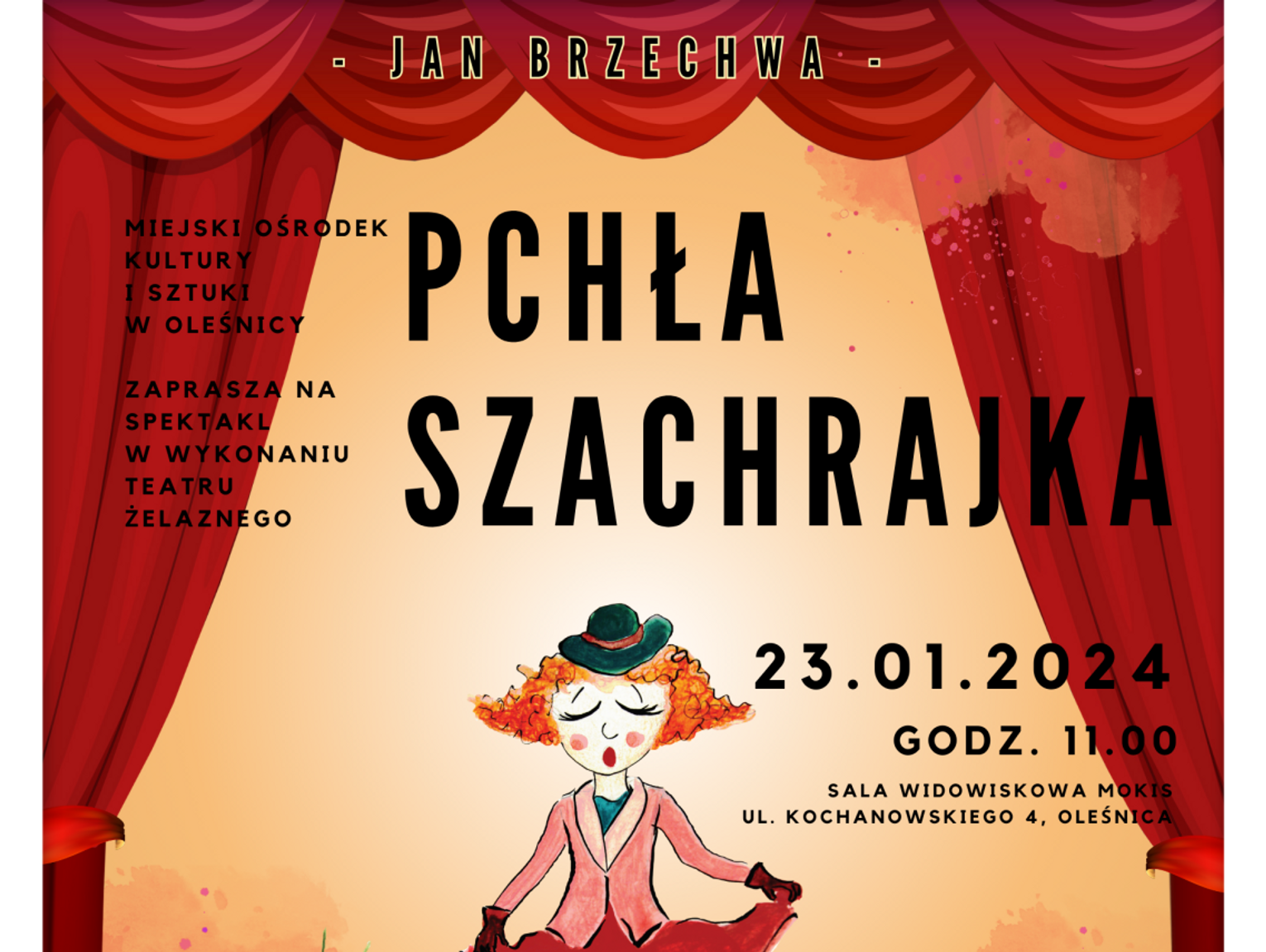 Spektakl dla dzieci "Pchła Szachrajka" w sali widowiskowej w Oleśnicy